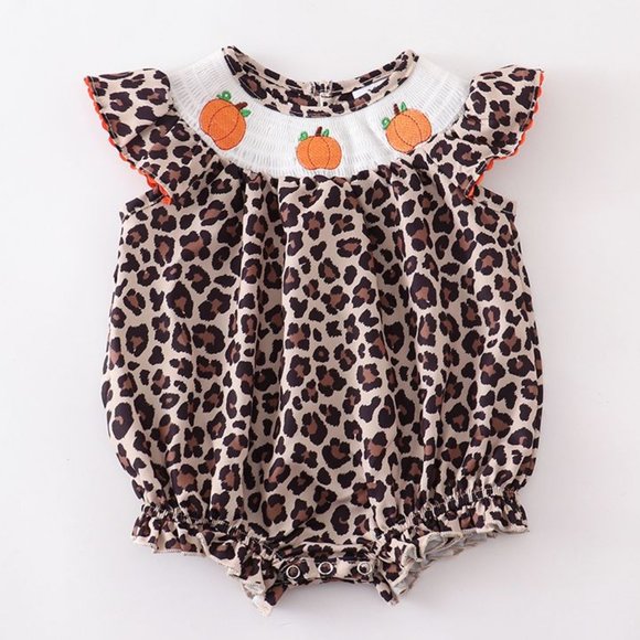 One Pieces | Boutique Pumpkin Smocked Baby Girls Leopard Print Bubble Romper Jumpsuit | Poshmark